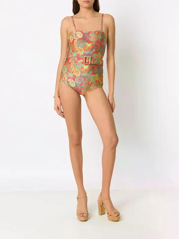 AMIR SLAMA Palm Leaf Print Belted Swimsuit