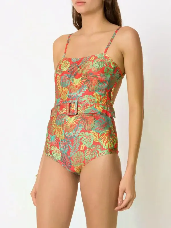 AMIR SLAMA Palm Leaf Print Belted Swimsuit