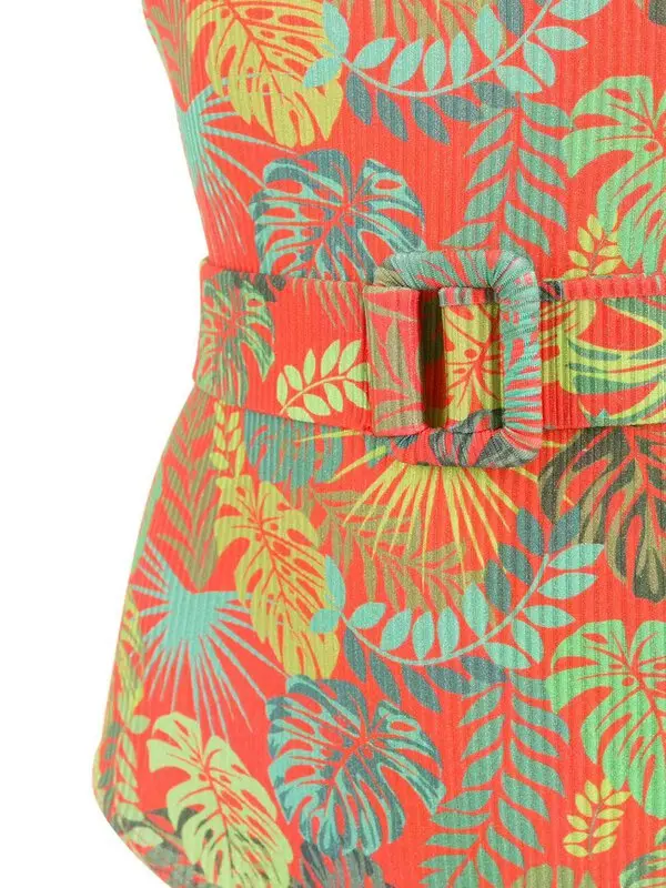 AMIR SLAMA Palm Leaf Print Belted Swimsuit