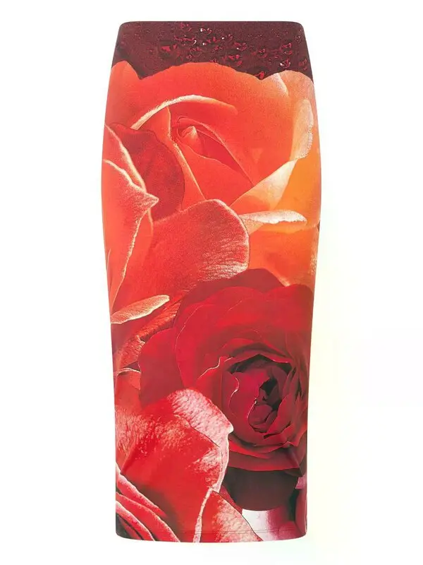 Roberto Cavalli Rose-print Pencil Skirt - Red