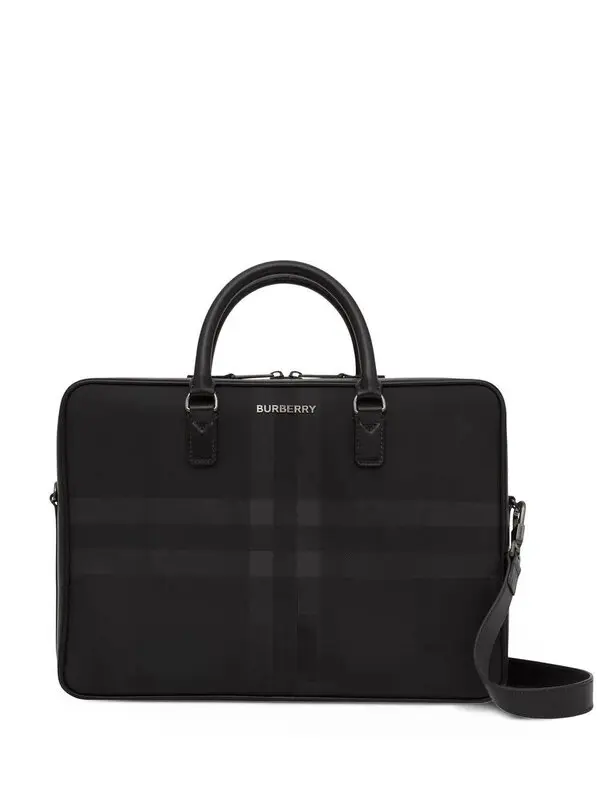 Burberry Check Print Leather Briefcase - Black
