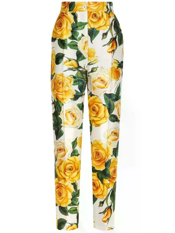 Dolce & Gabbana Rose-print High-waisted Trousers - White