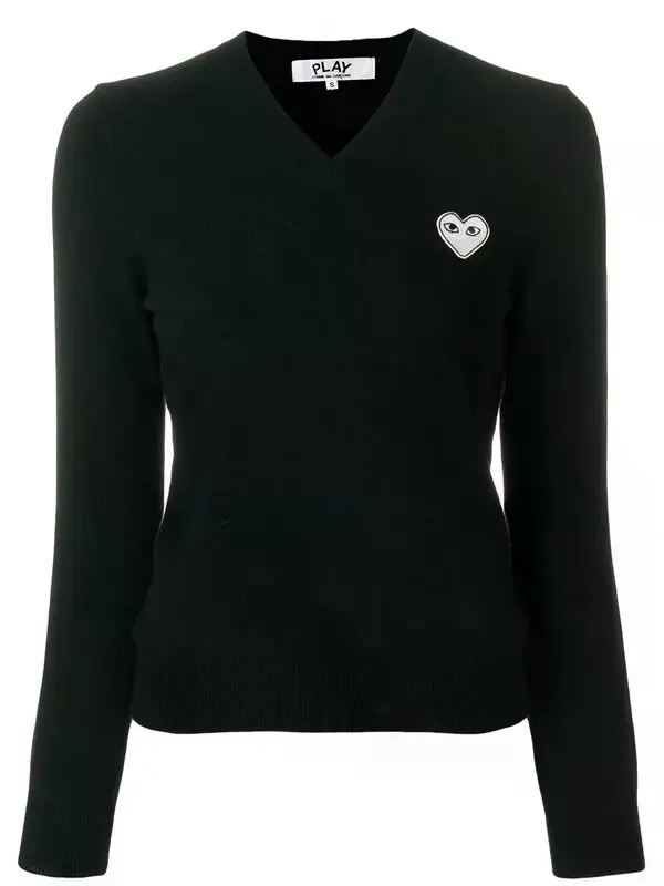Play Comme Des Garcon V-neck Heart-logo Sweater - Black