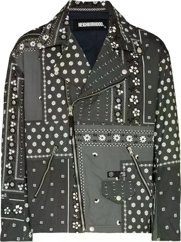 NEIGHBORHOOD Bandana-print Biker Jacket - Grey