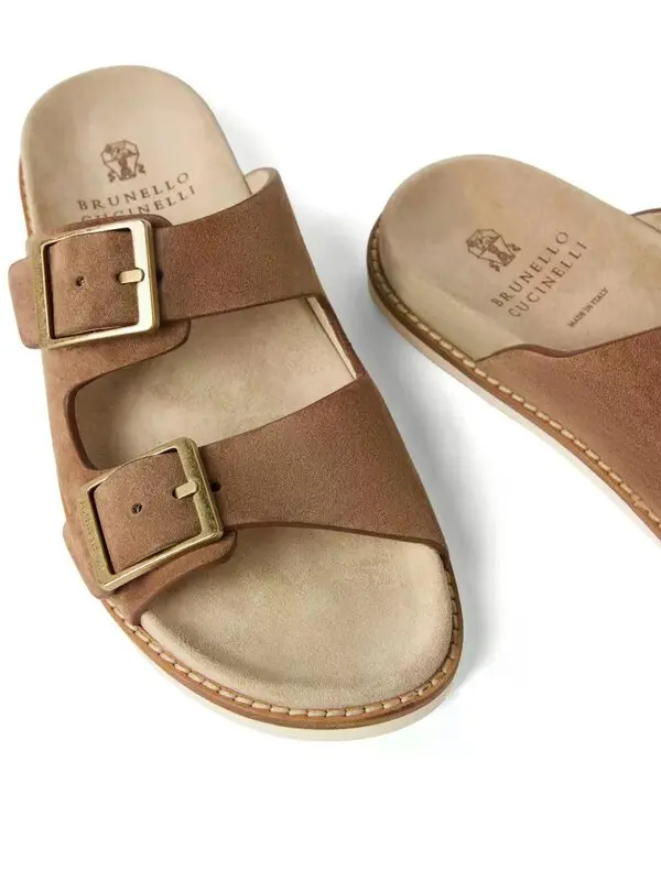 Brunello Cucinelli Buckled Suede Slides - Brown