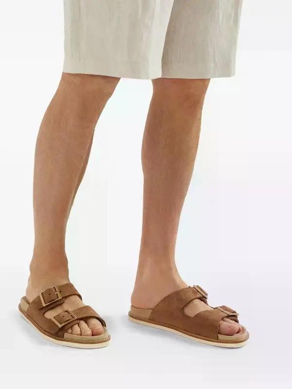 Brunello Cucinelli Buckled Suede Slides - Brown
