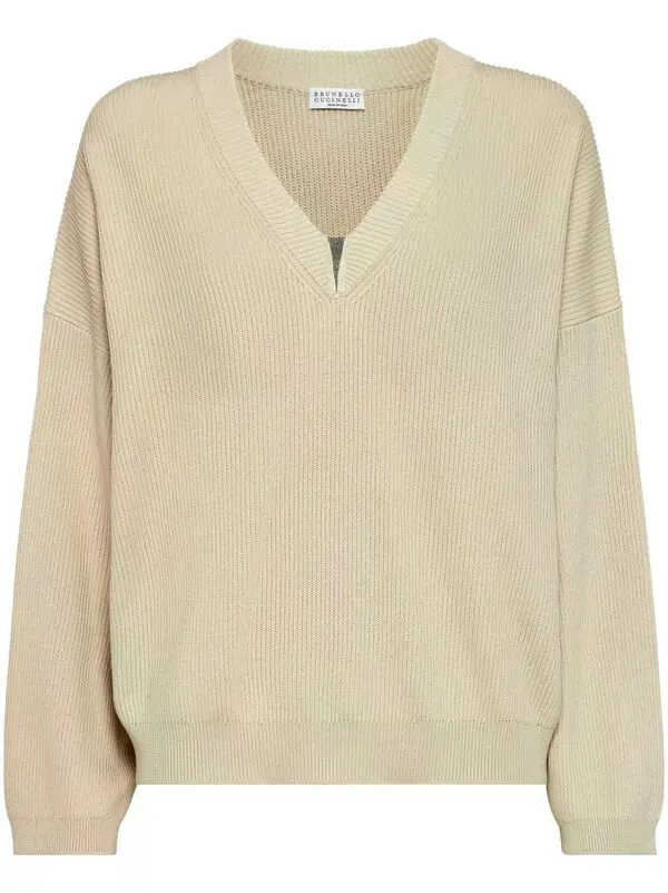 Brunello Cucinelli Monili Embellished V-neck Sweater - Neutrals
