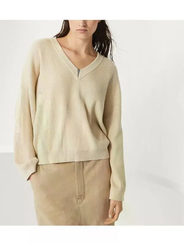 Brunello Cucinelli Monili Embellished V-neck Sweater - Neutrals
