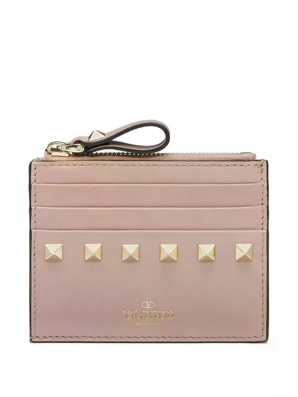Valentino Garavani Rockstud Zipped Leather Card Holder - Neutrals