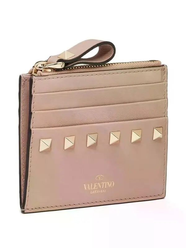 Valentino Garavani Rockstud Zipped Leather Card Holder - Neutrals