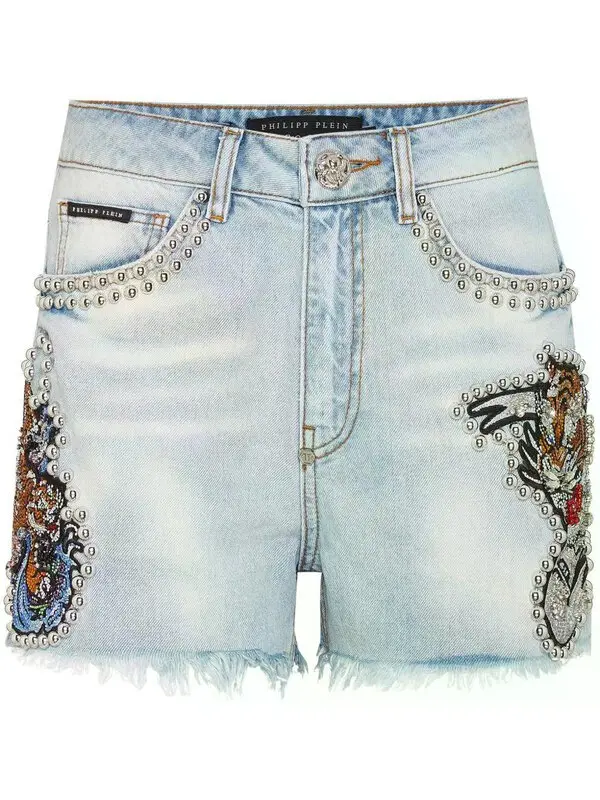Philipp Plein Tattoo Stud-embellished Denim Shorts