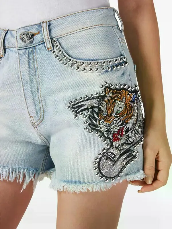 Philipp Plein Tattoo Stud-embellished Denim Shorts