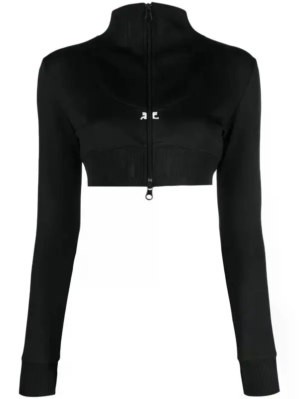 COURREGES Logo-embroidered Cropped Zip-up Jacket - Black