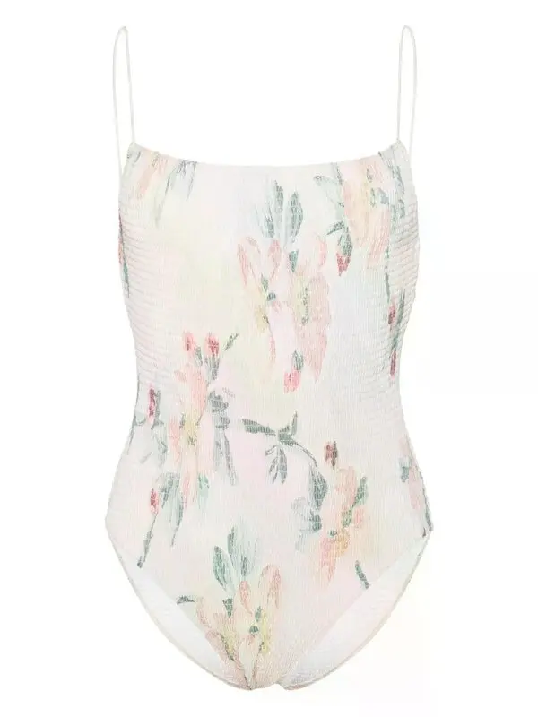 TOTEME Floral-print Smocked Swimsuit - Neutrals
