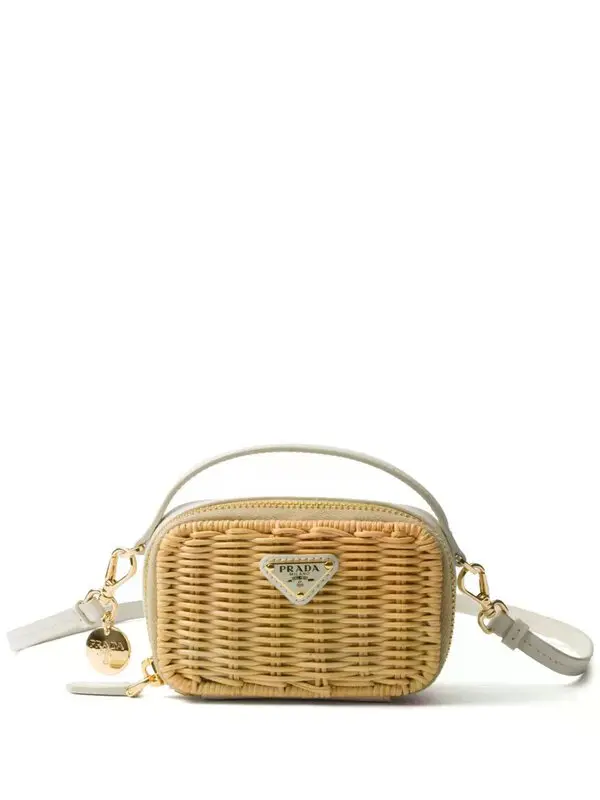 Prada Logo-plaque Woven-wicker Mini Pouch - Neutrals