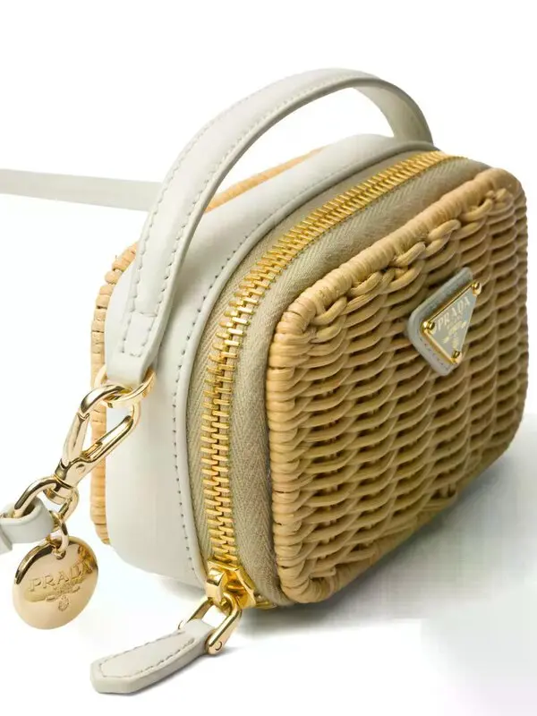 Prada Logo-plaque Woven-wicker Mini Pouch - Neutrals