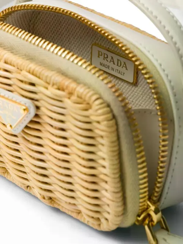 Prada Logo-plaque Woven-wicker Mini Pouch - Neutrals