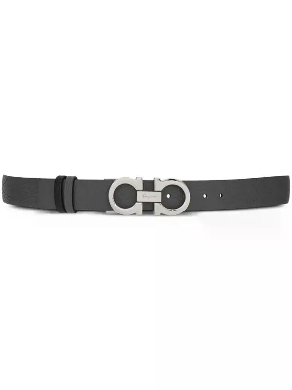 FERRAGAMO Gancini Buckle Leather Belt - Grey