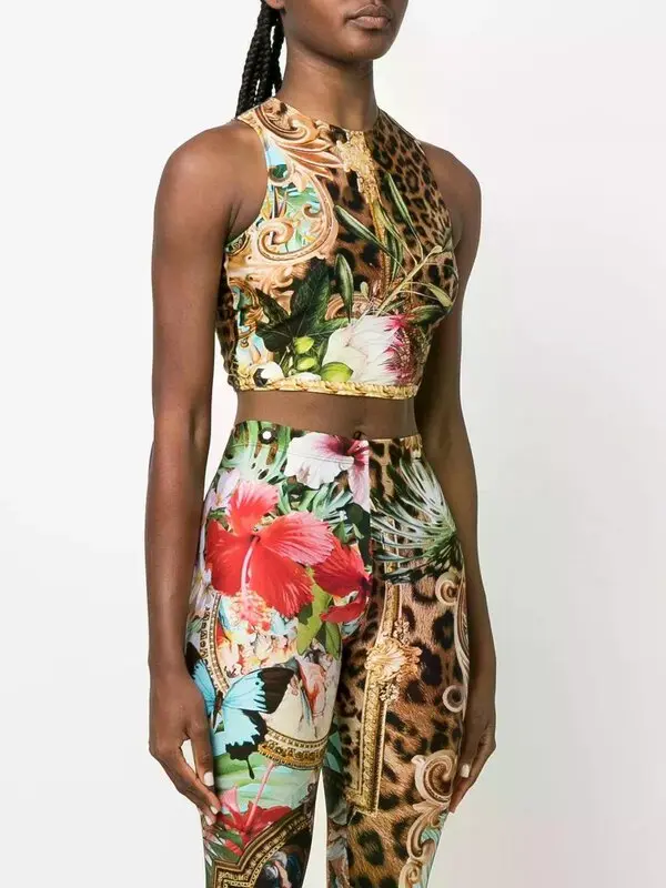 Philipp Plein Baroque Floral Print Sleeveless Crop Top - Brown
