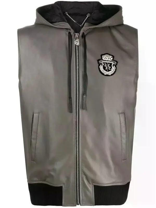 BILLIONAIRE Sleeveless Hooded Leather Zip Vest
