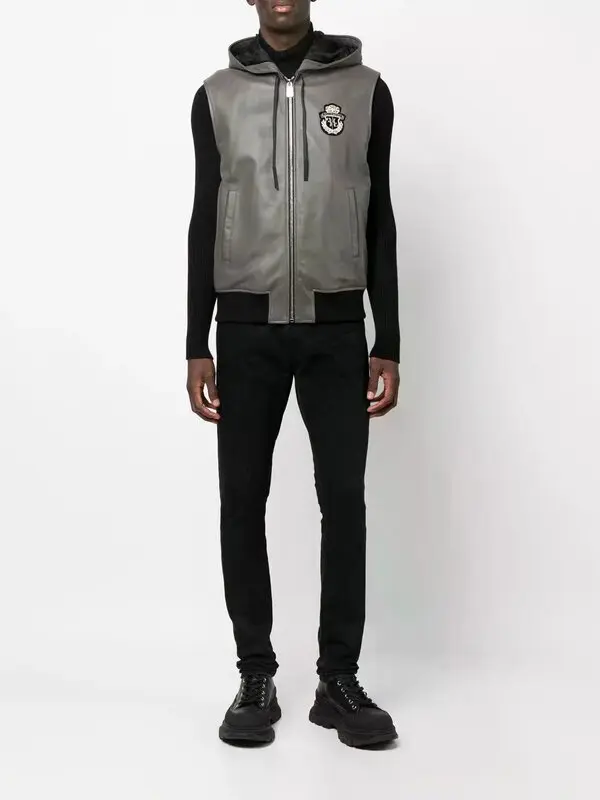 BILLIONAIRE Sleeveless Hooded Leather Zip Vest