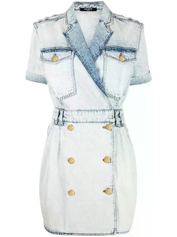 Balmain Double-breasted Denim Mini Dress - Blue