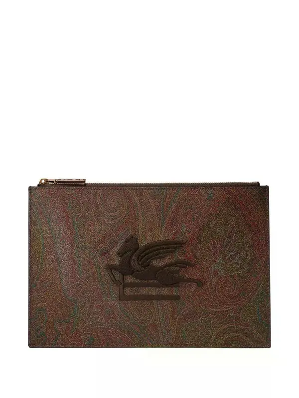 Etro Logo Embroidered Clutch Bag - Brown