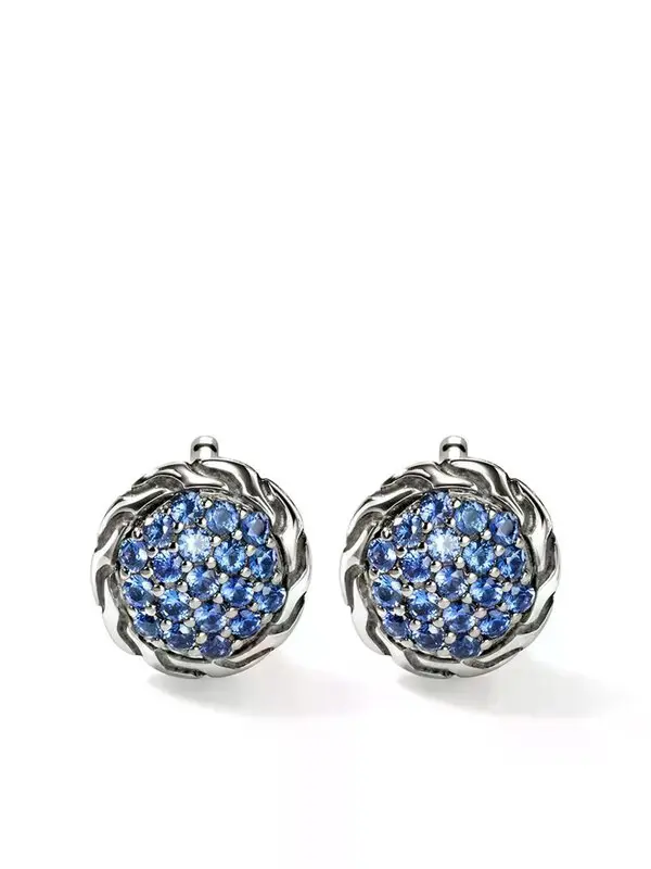 John Hardy Carved Chain Sapphire Stud Earrings - Silver