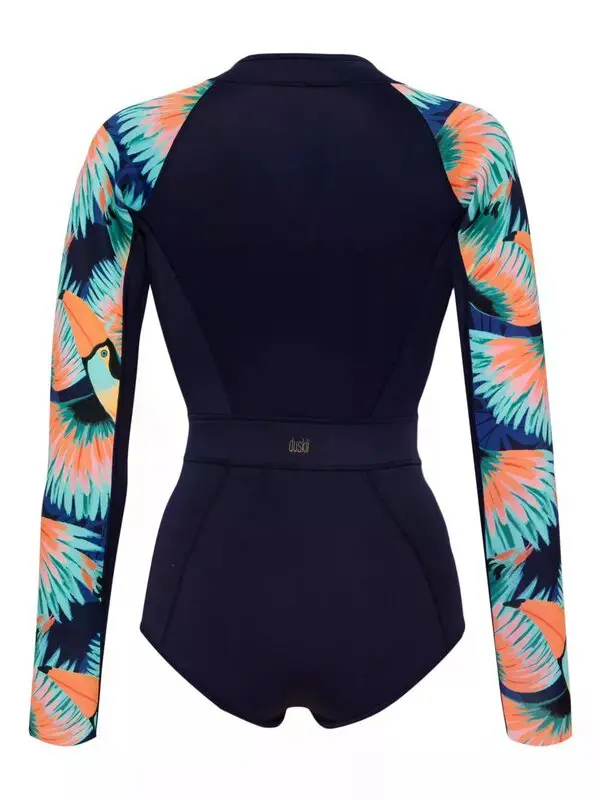 DUSKII Tropical Print Long Sleeve Zip Up Swimsuit