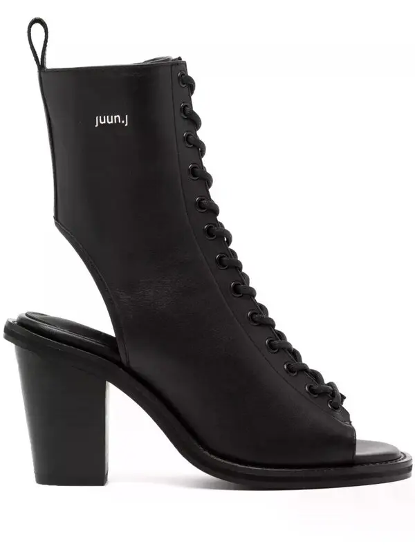 JUUN.J Open-toe Leather Lace-up Block Heel Boots