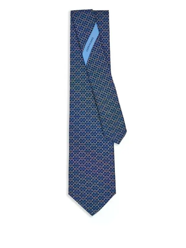 FERRAGAMO Gancini Print Silk Neck Tie - Blue