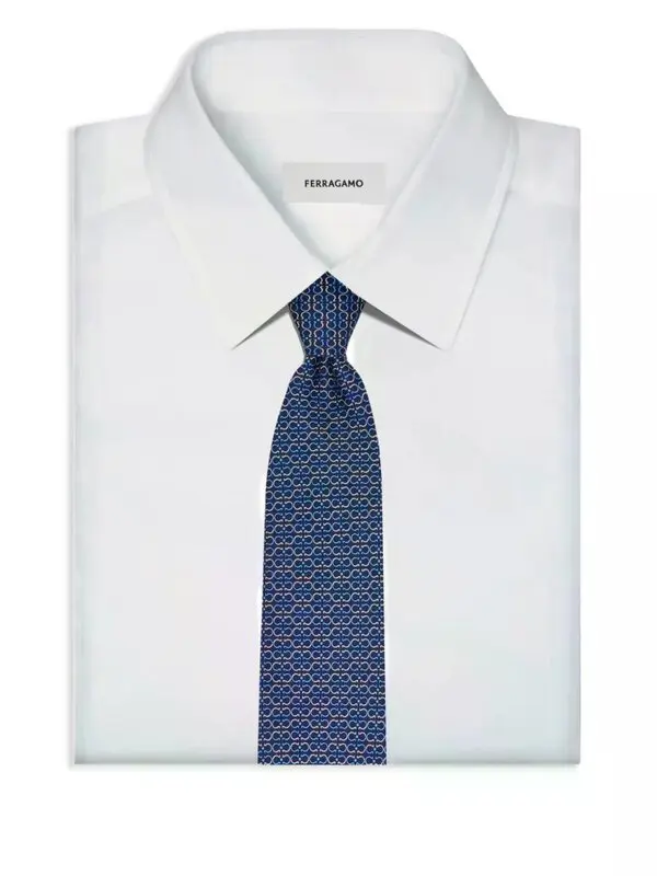 FERRAGAMO Gancini Print Silk Neck Tie - Blue