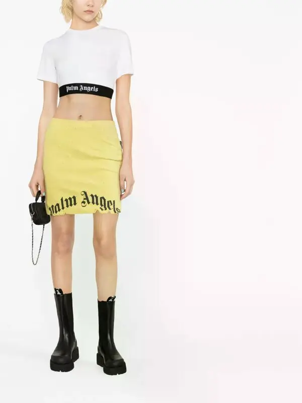 Palm Angels Distressed Cotton Mini Skirt With Logo Detail