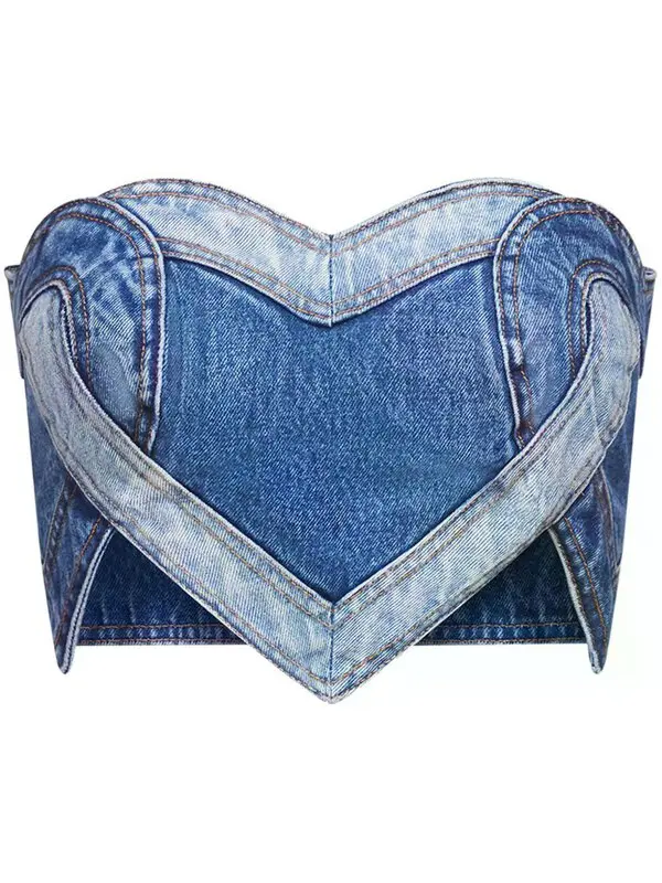 AREA Patchwork Heart-motif Denim Bandeau - Blue
