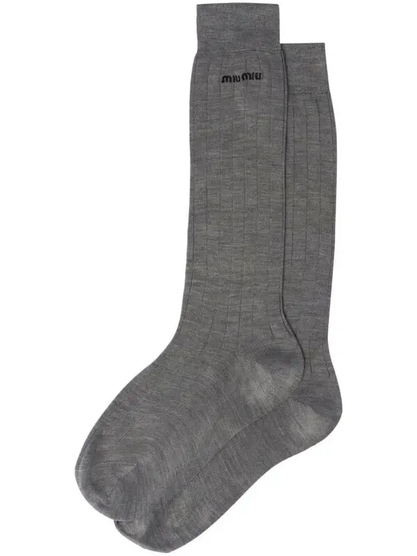Miu Miu Ribbed Knit Silk Blend Socks - Grey