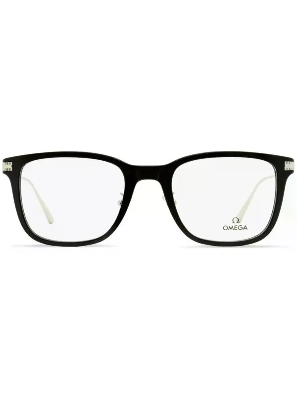 Omega Engraved Logo Rectangular-frame Glasses - Black