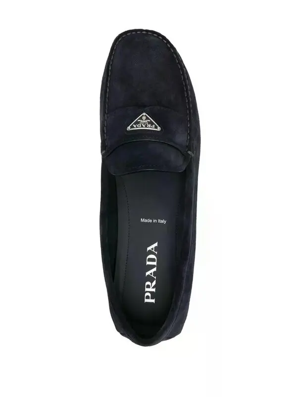 Prada Enamel Triangle Logo Suede Loafers