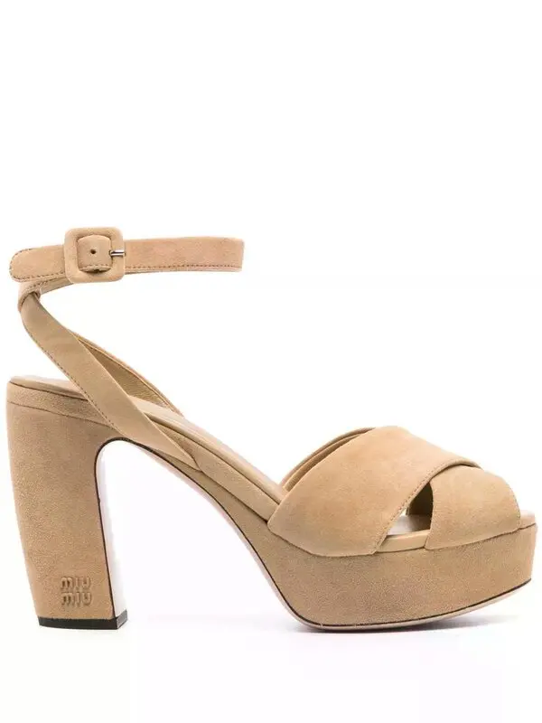 Miu Miu Crossover Suede Platform Sandals - Neutrals