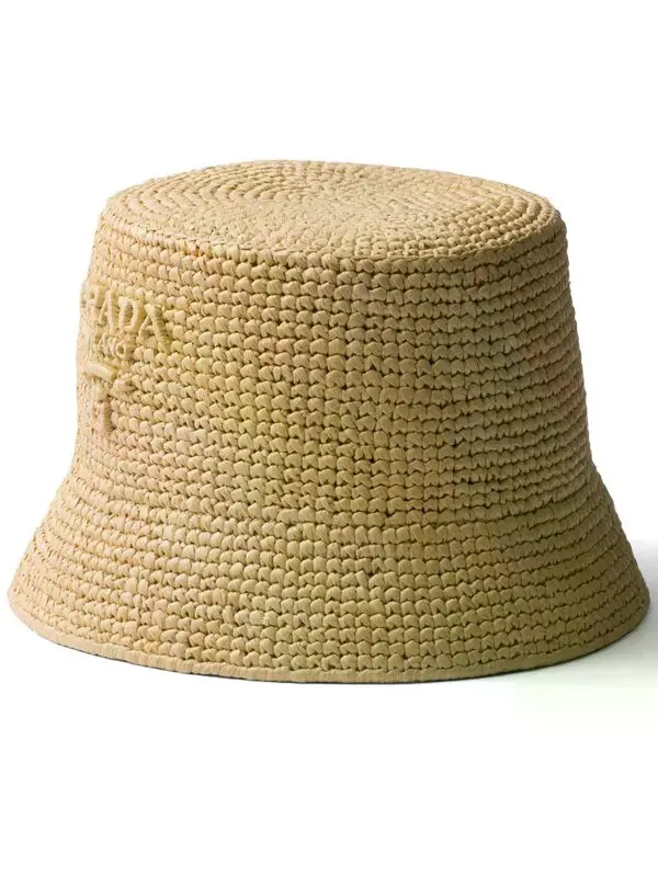 Prada Braided Raffia Logo Bucket Hat - Neutrals