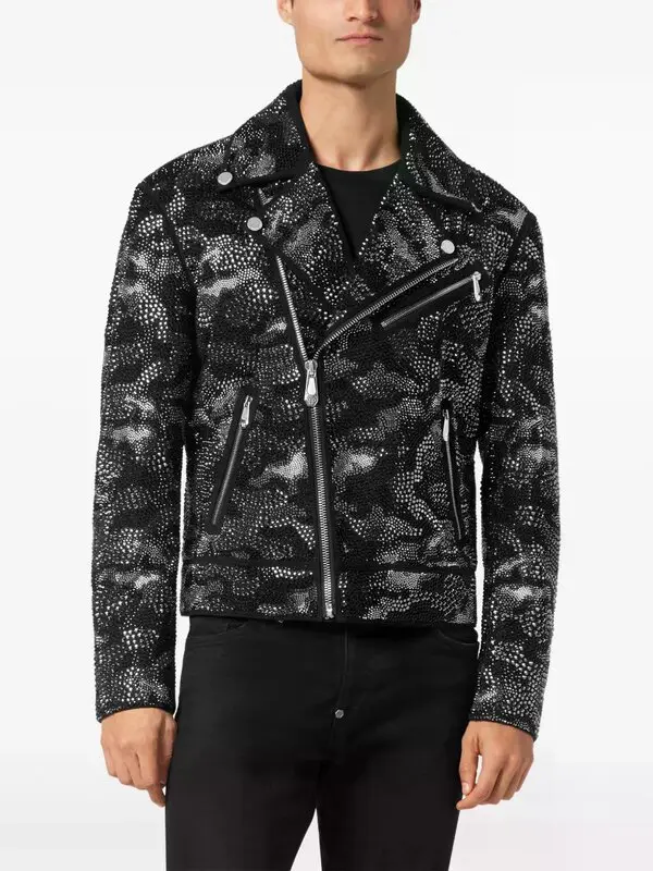 Philipp Plein Embellished Camouflage Biker Jacket - Black