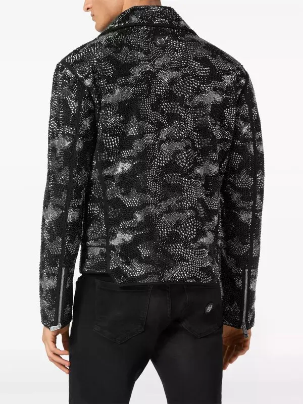 Philipp Plein Embellished Camouflage Biker Jacket - Black