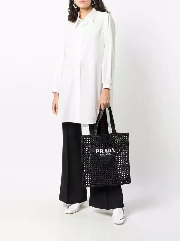 Prada Logo Embroidered Crochet Tote Bag - Black
