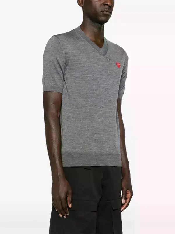 Play Comme Des Garcon V-neck Short Sleeve Wool Jumper With Heart Patch - Grey