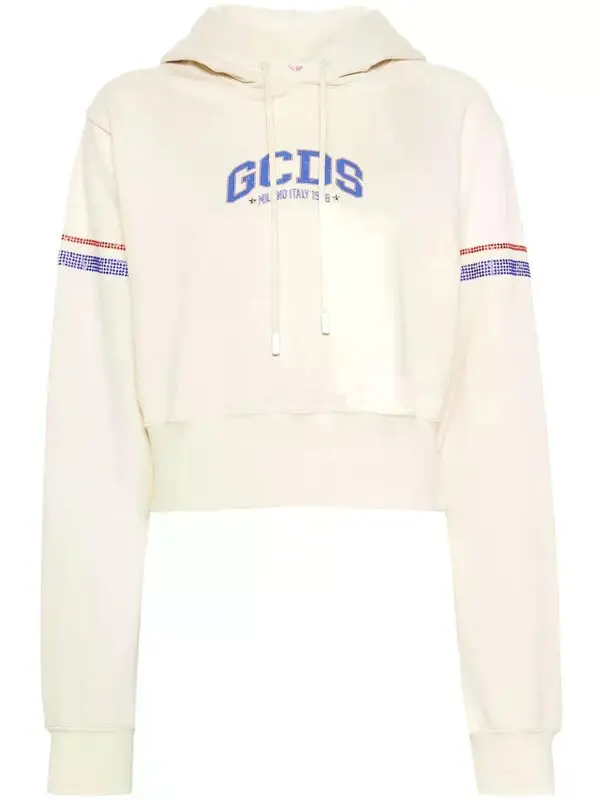 Gcds Crystal-embellished Cropped Hoodie - Neutrals