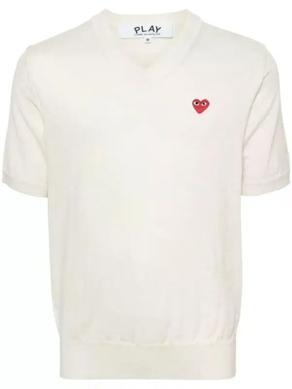 Play Comme Des Garcon Fine Knit V-neck Jumper With Heart Patch - White