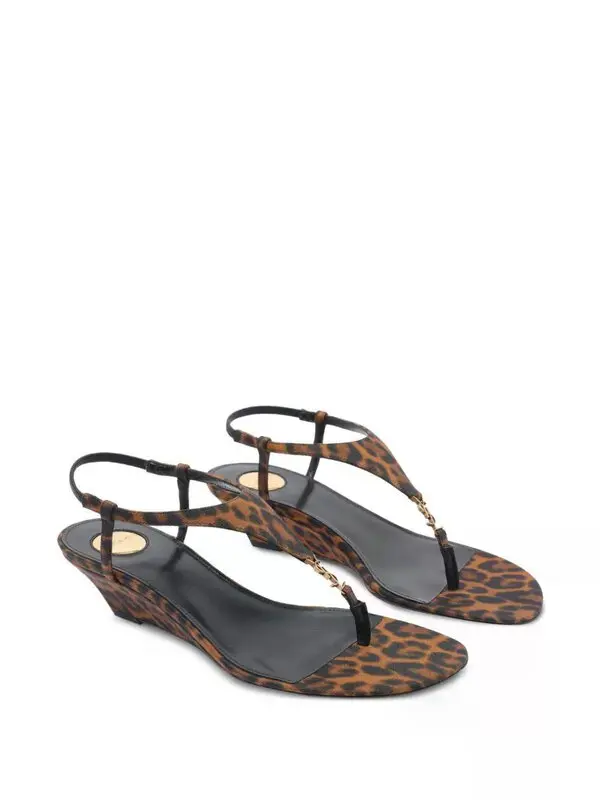 Saint Laurent Cassandra Leopard Print Wedge Sandals - Brown