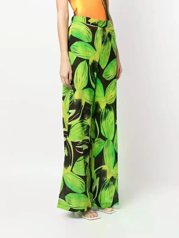 LOUISA BALLOU Leaves-pattern Wide-leg Trousers - Green