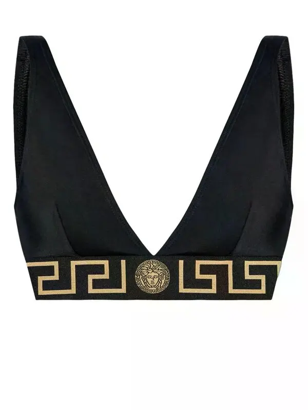 Versace Triangle Bikini Top With Greca Border And Medusa Motif - Black