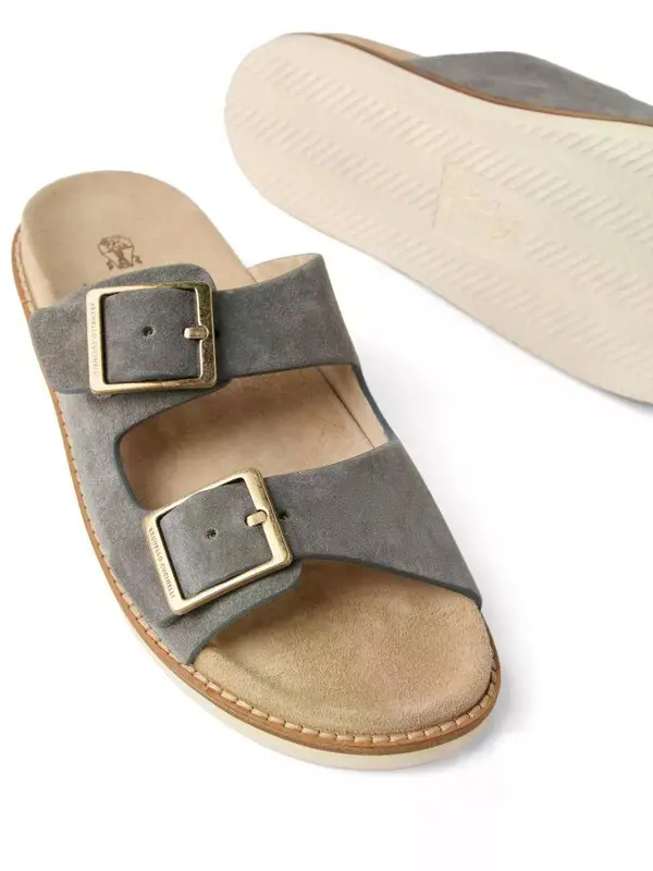 Brunello Cucinelli Suede Slides With Adjustable Buckles - Grey