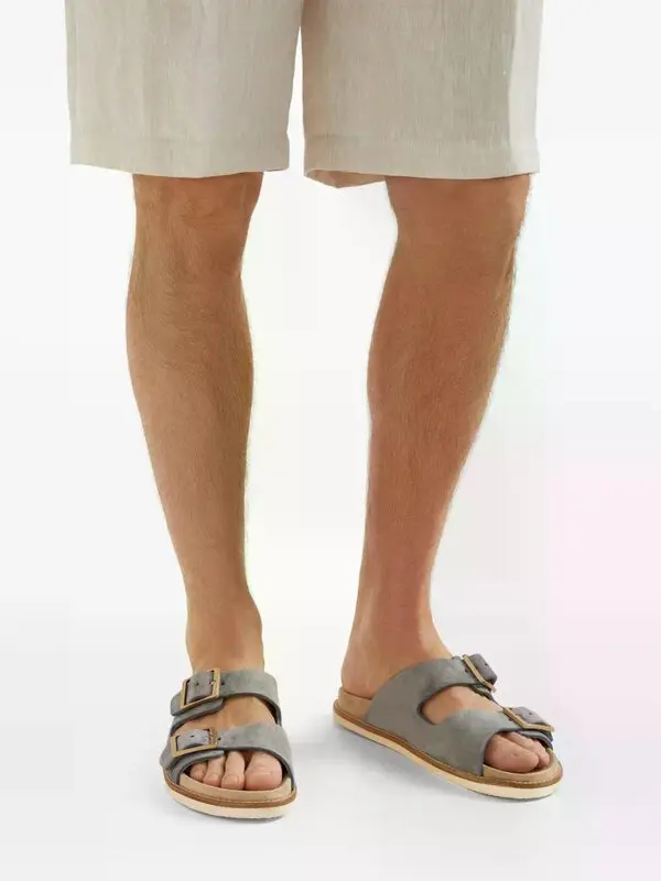 Brunello Cucinelli Suede Slides With Adjustable Buckles - Grey